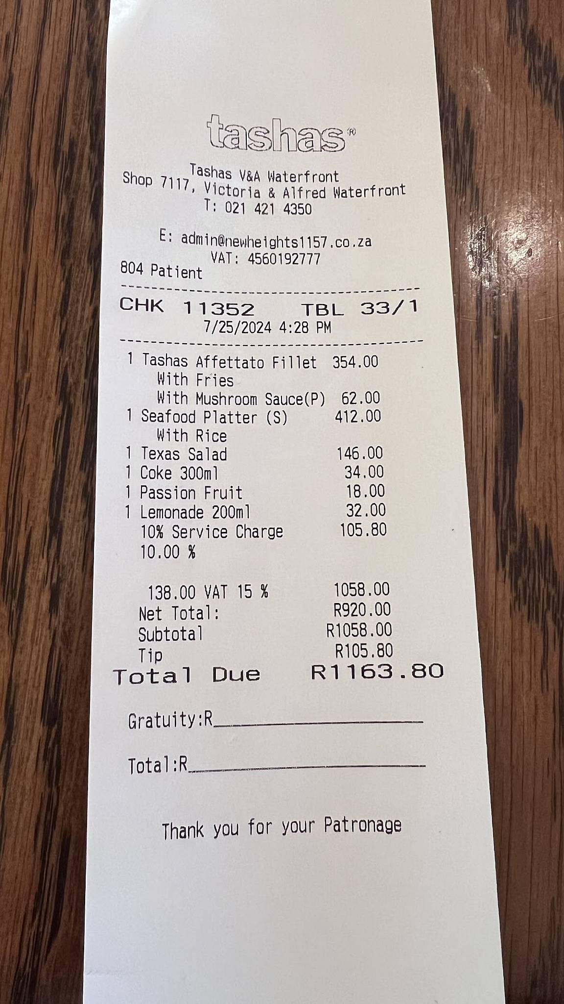 Menu at tashas Waterfront restaurant, Cape Town, Shop 7117