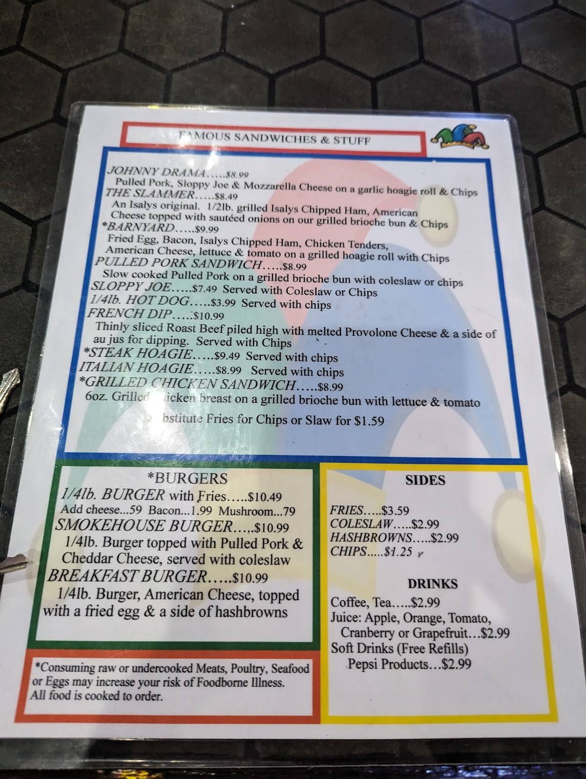Menu at the FOOLS pub & bar, Pittsburgh
