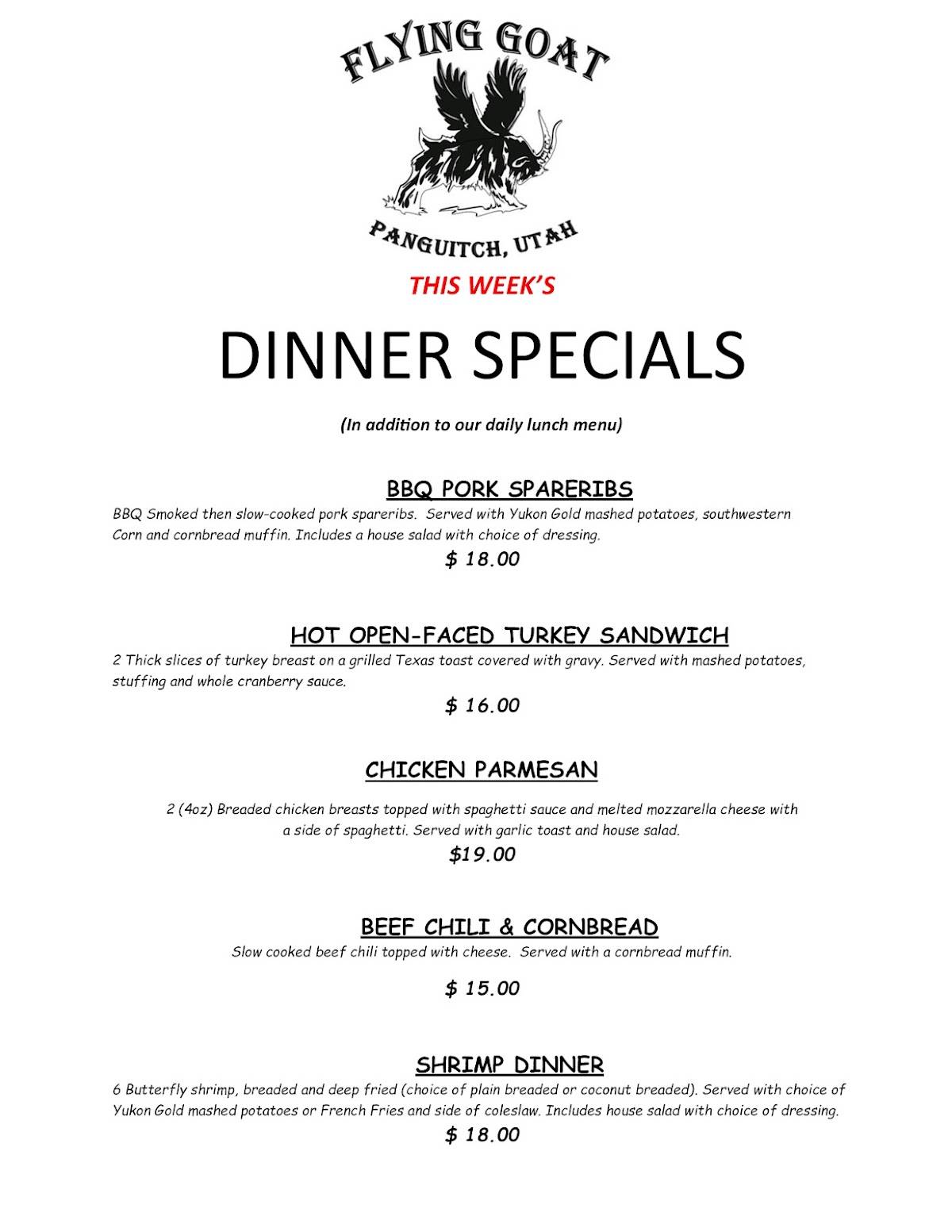 Menu at the Flying Goat restaurant, Panguitch