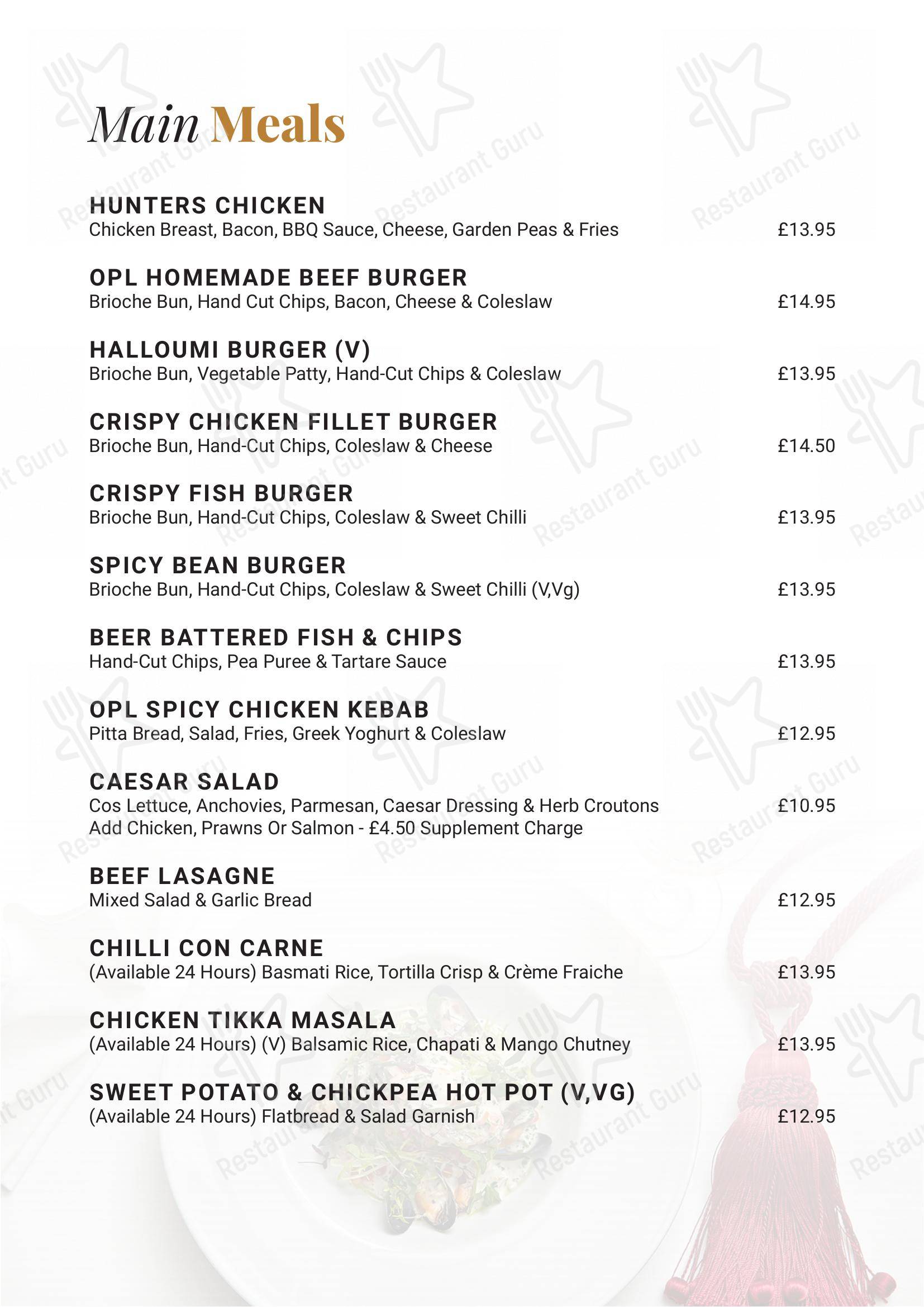 Menu at the old palace lodge restaurant, Dunstable