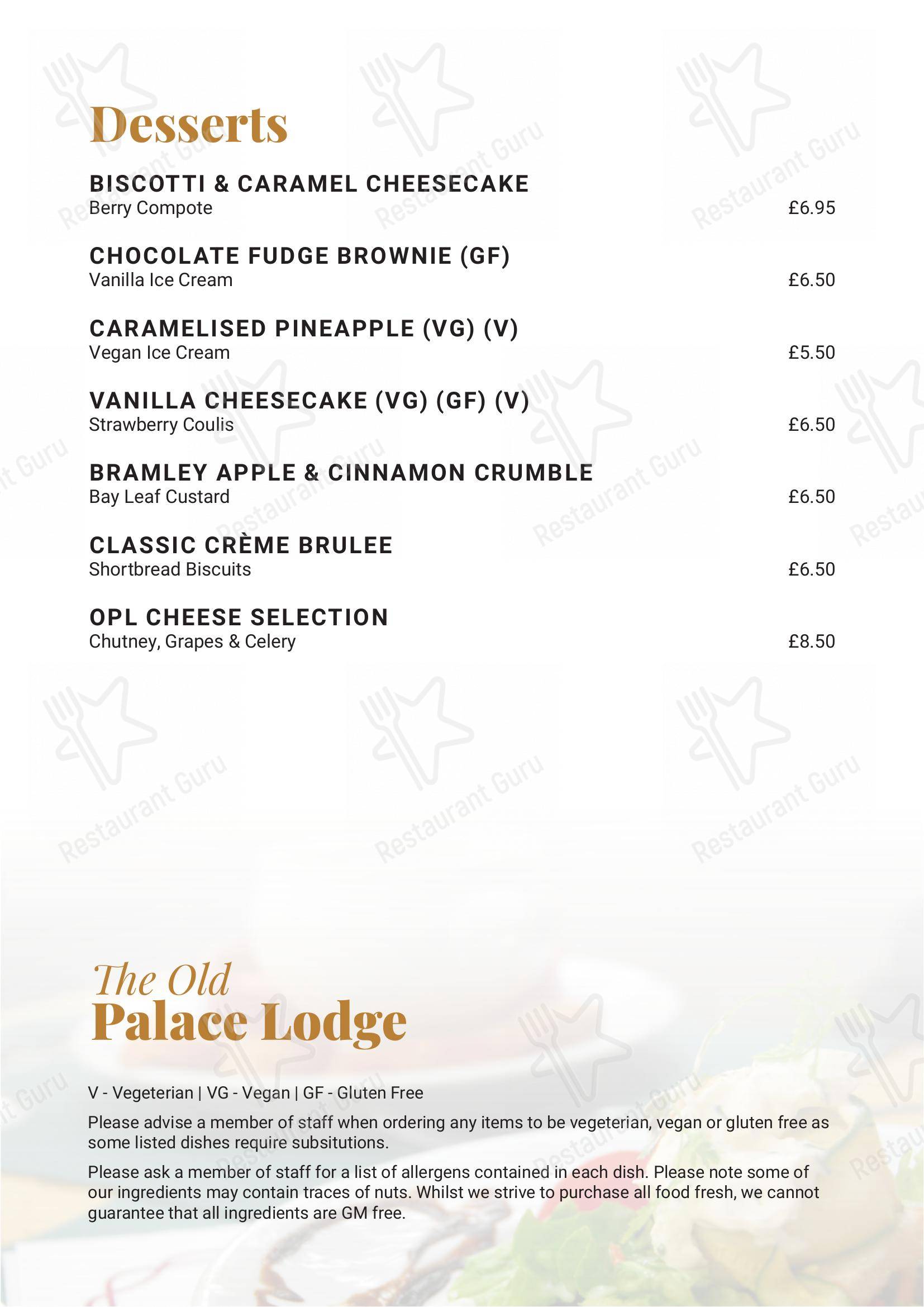 Menu at the old palace lodge restaurant, Dunstable