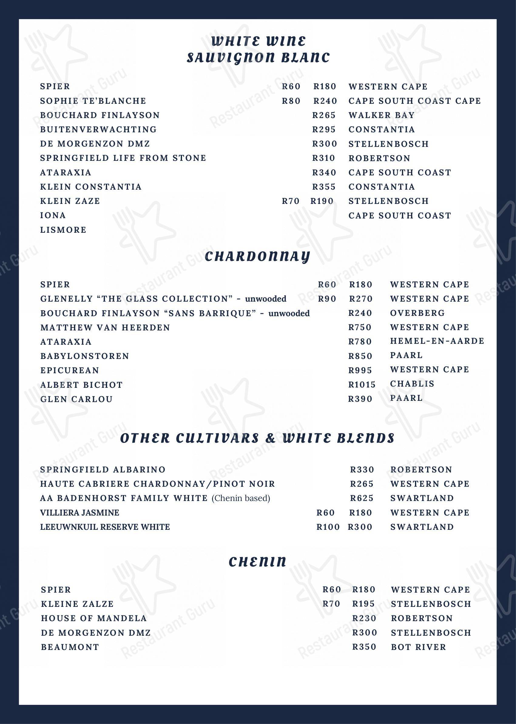 Menu at BELLAGIO restaurant, Johannesburg, Unit 1