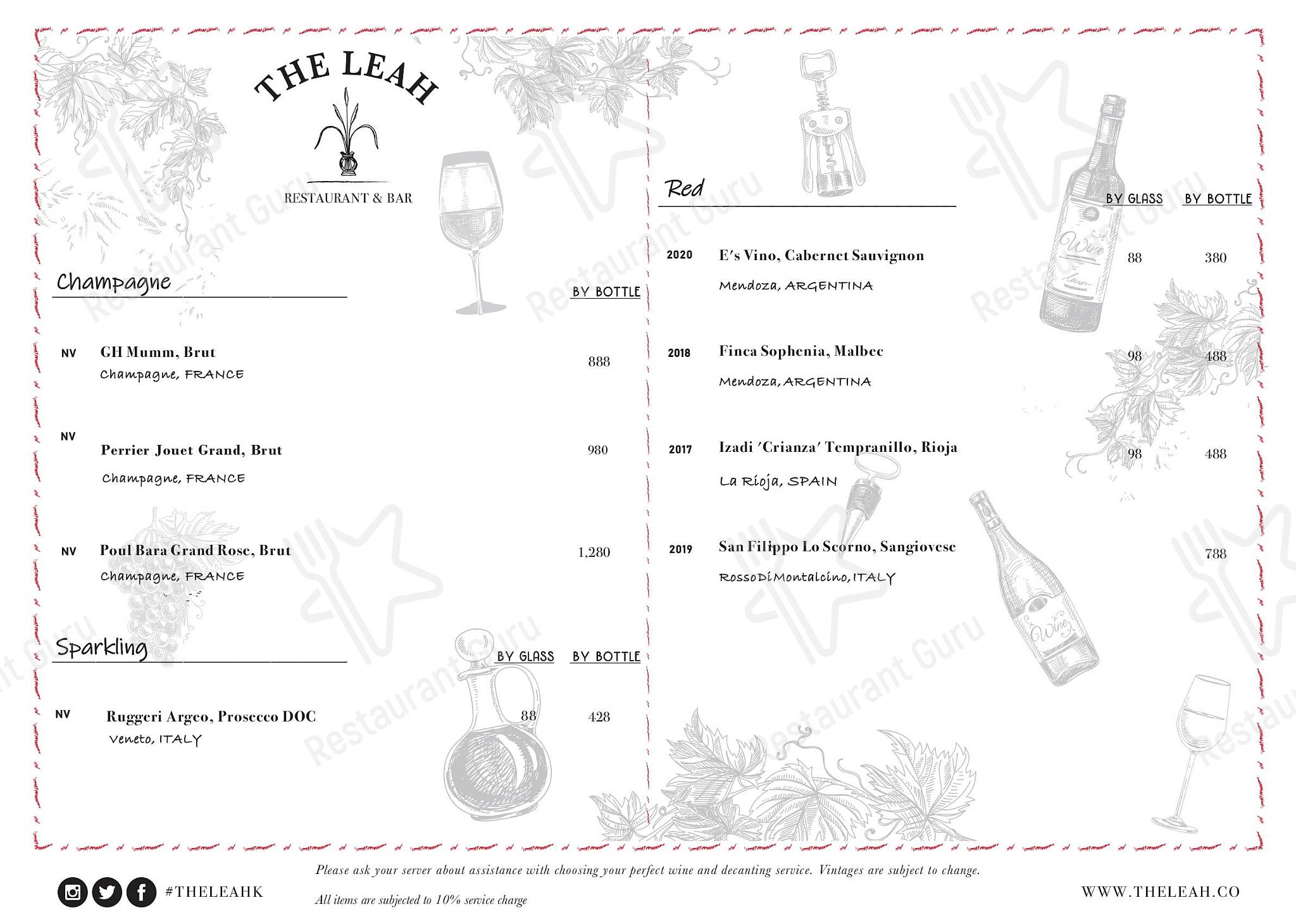 Menu at The Leah, Hong Kong