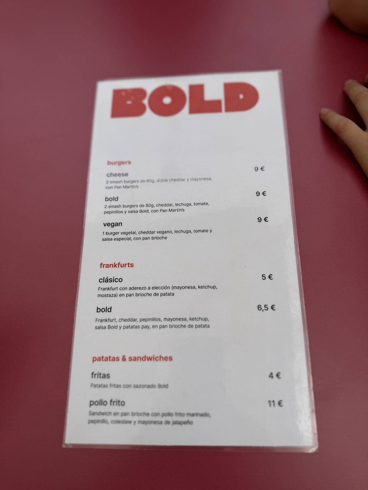 Menu at Bold restaurant, Barcelona