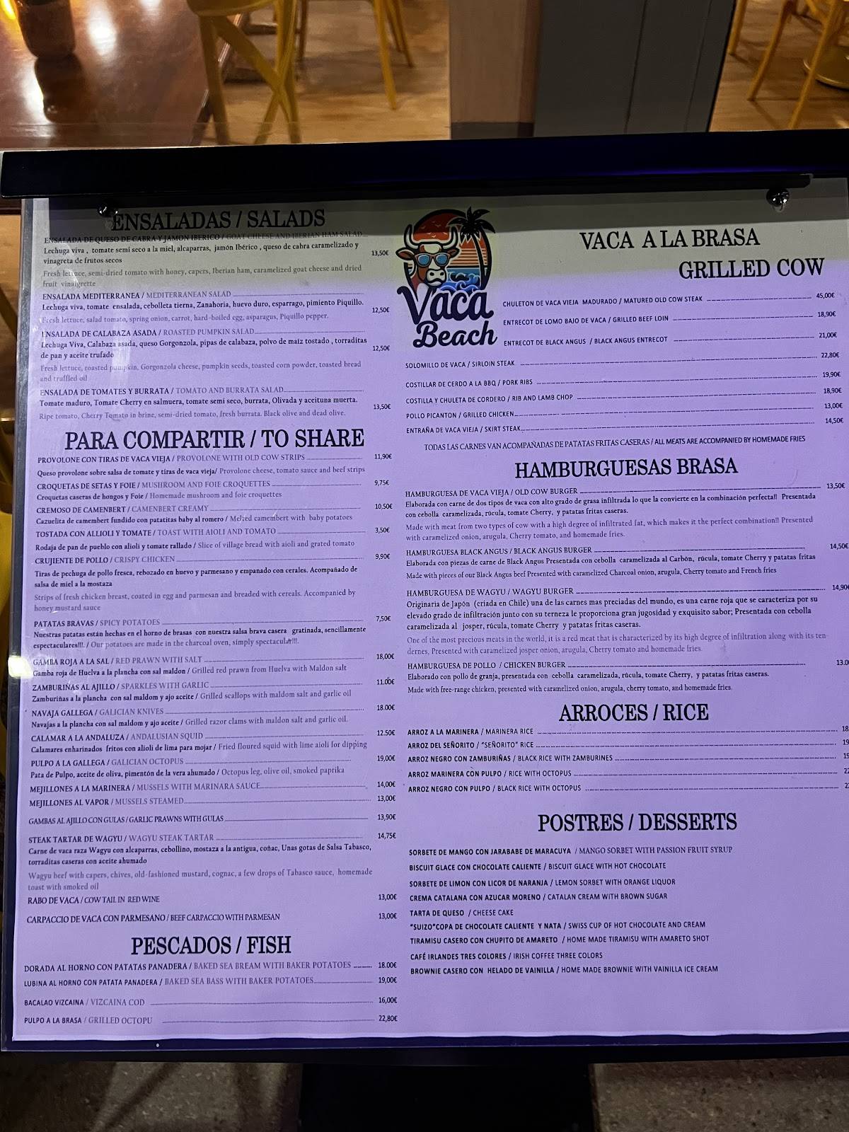 Menu at Vaca Beach restaurant, Benidorm