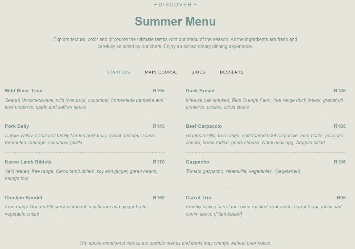 Menu at Brahman Hills Restaurants, South Africa