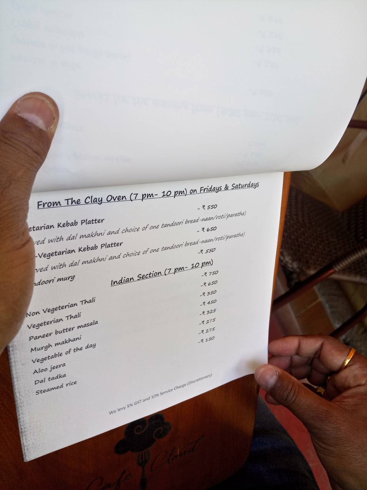 Menu at Cafe Cloud, India, 2MWC+93F