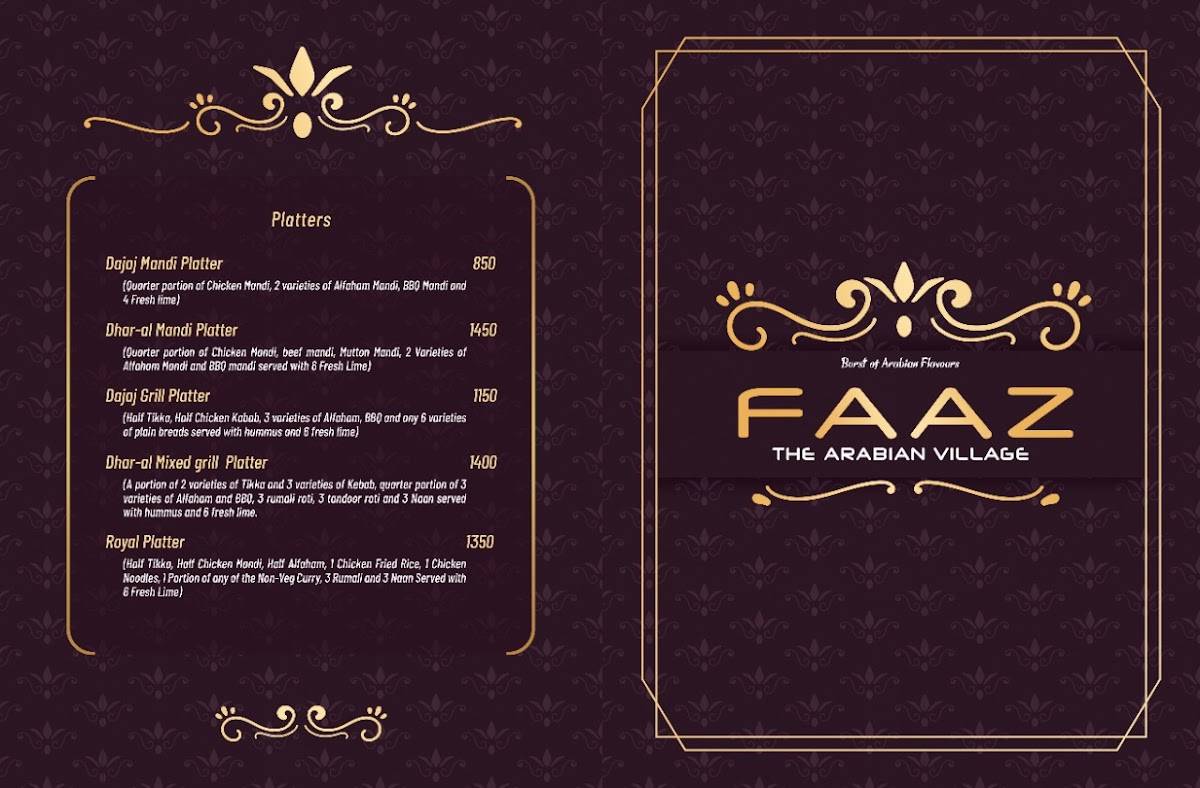 Menu at FAAZ THE ARABIAN VILLAGE, India