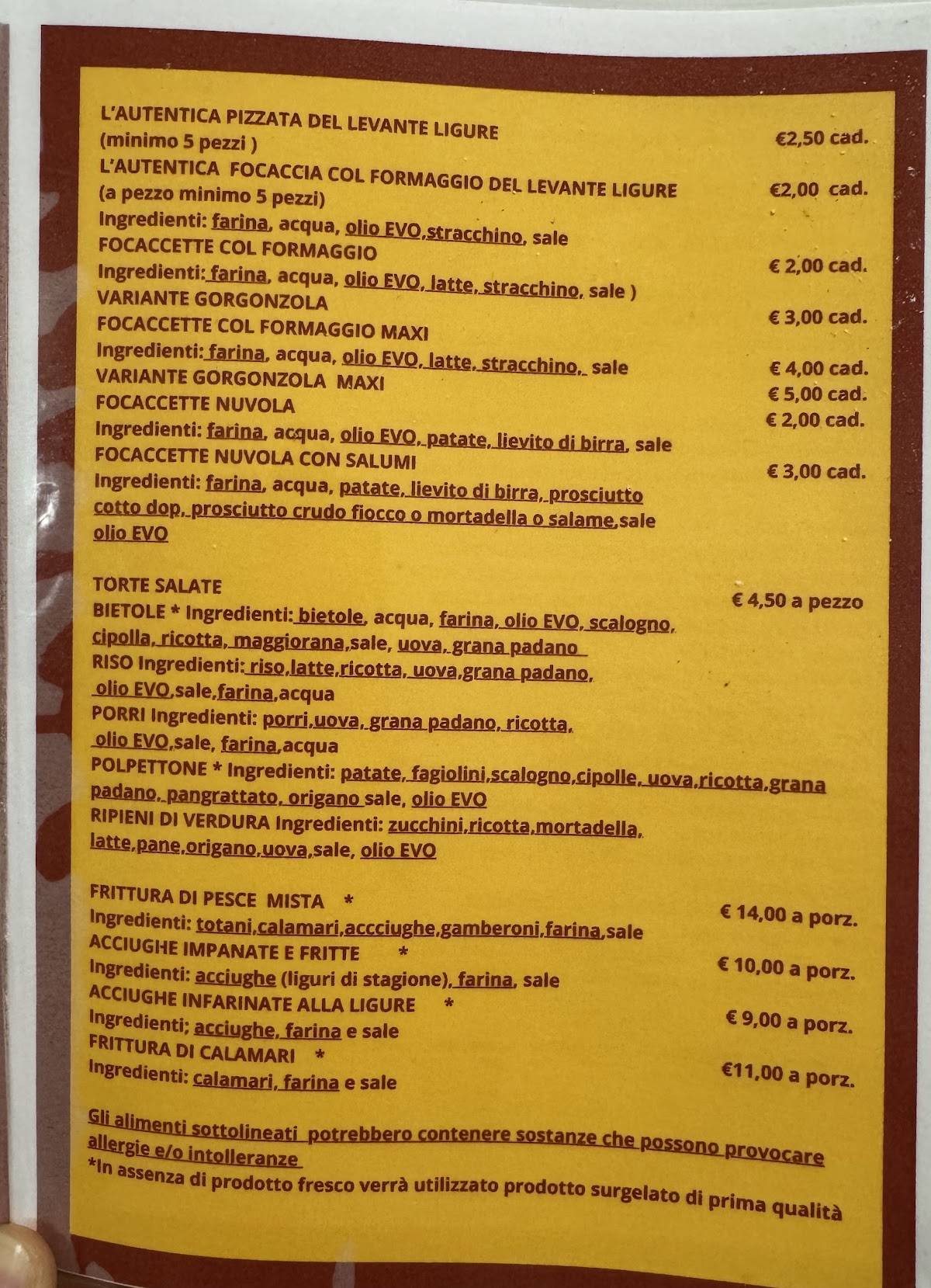 Menu da Il Re delle Focaccette ristorante, Genova
