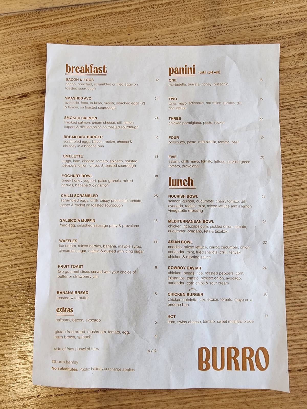 Menu at Burro cafe, Henley Beach