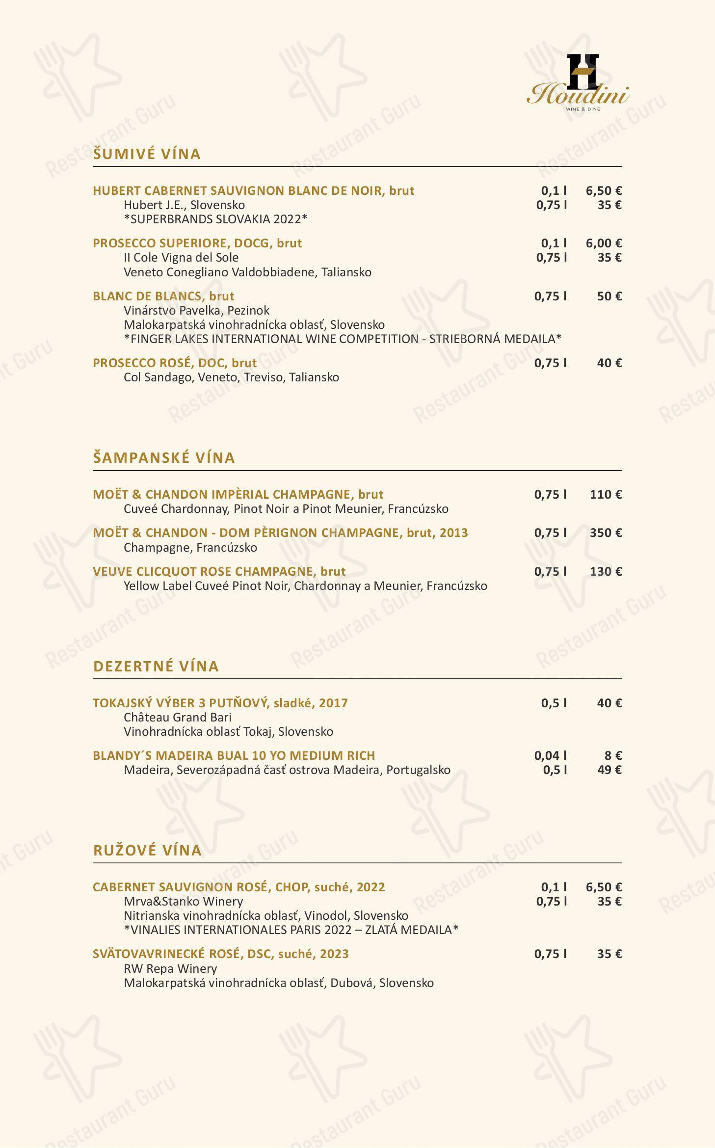 Menu at Houdini Restaurant, Bratislava