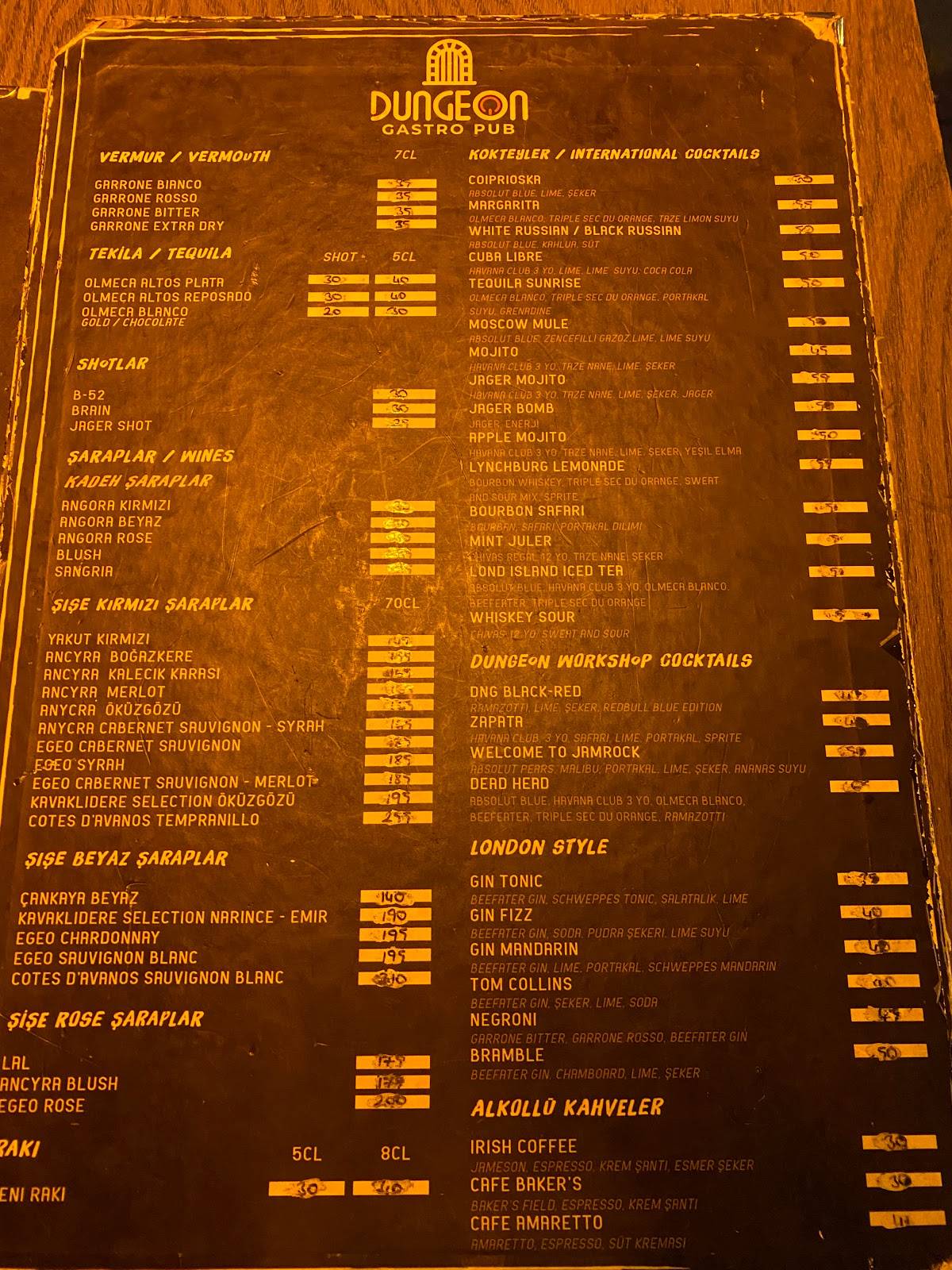 Menu at Dungeon Gastro Pub, Izmir