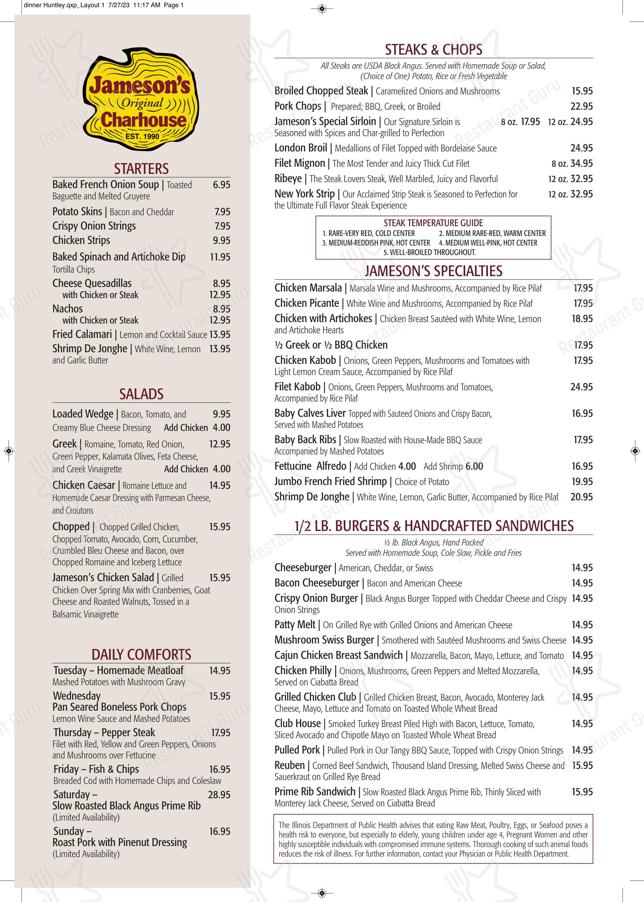 Menu at Jameson's Charhouse steakhouse, Crystal Lake