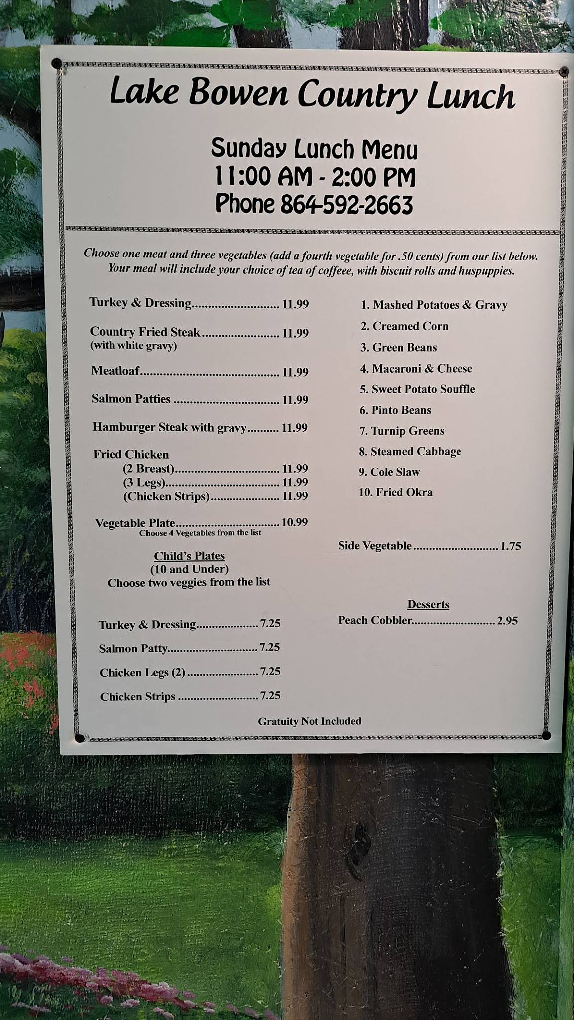 Menu at Lake Bowen Fish Camp restaurant, USA