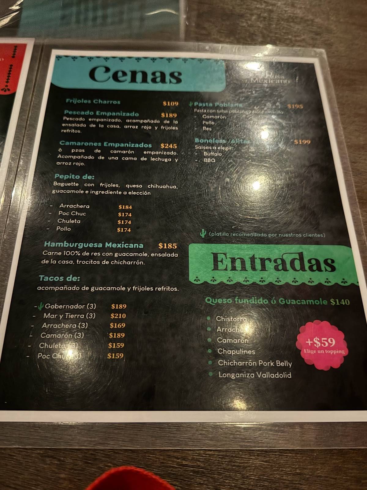 Menu at Rosa Mexicano restaurant, Merida