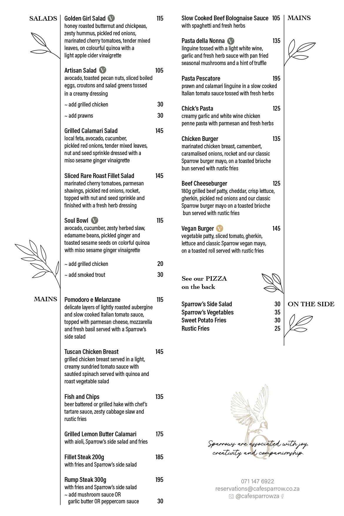 Menu at , Outer West Durban