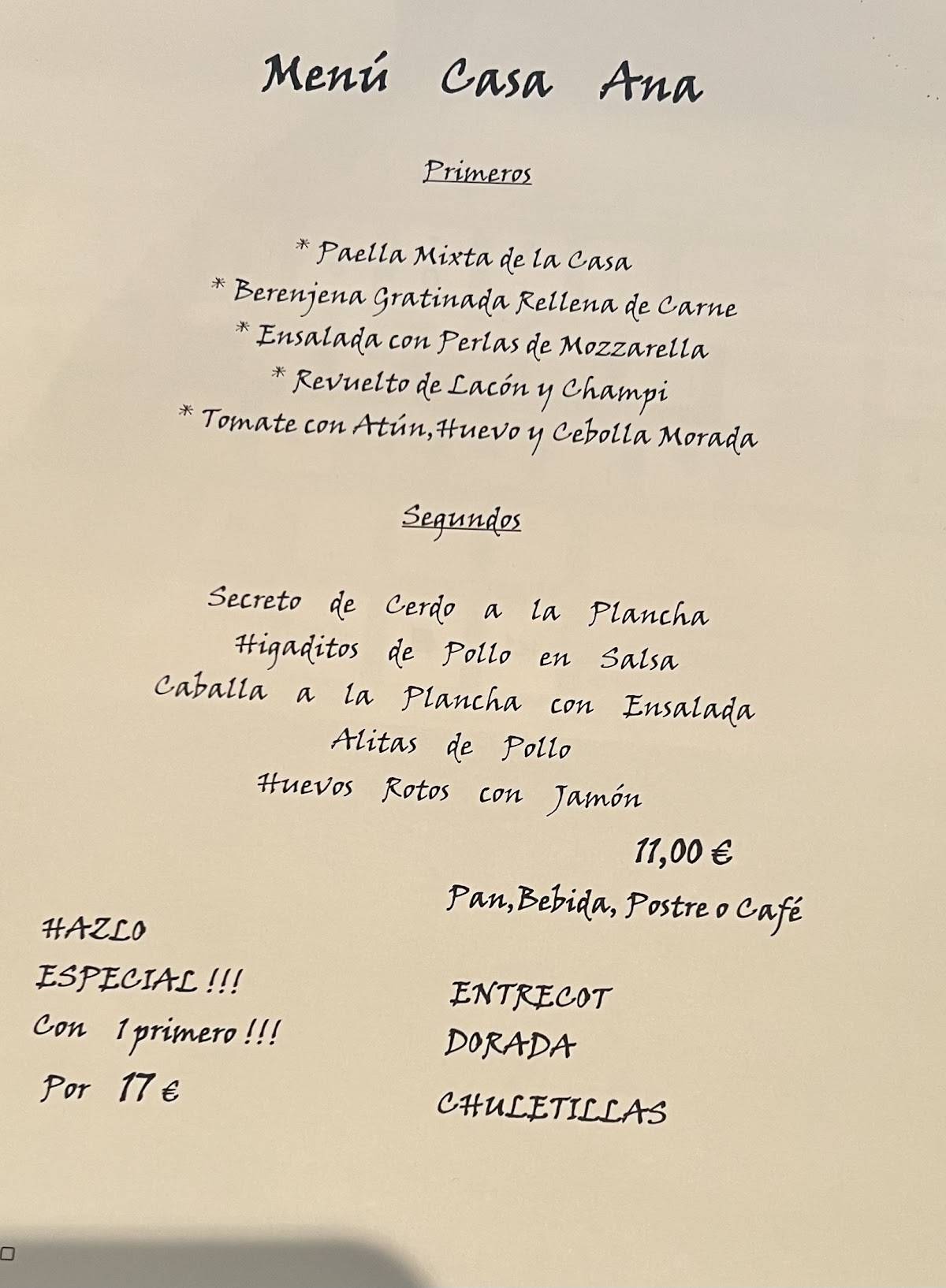Carta de Restaurante Casa Ana, Pinto