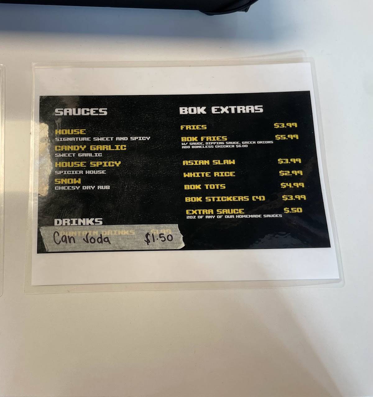 Menu at Bok Bok Korean Fried Chicken restaurant, Salt Lake City
