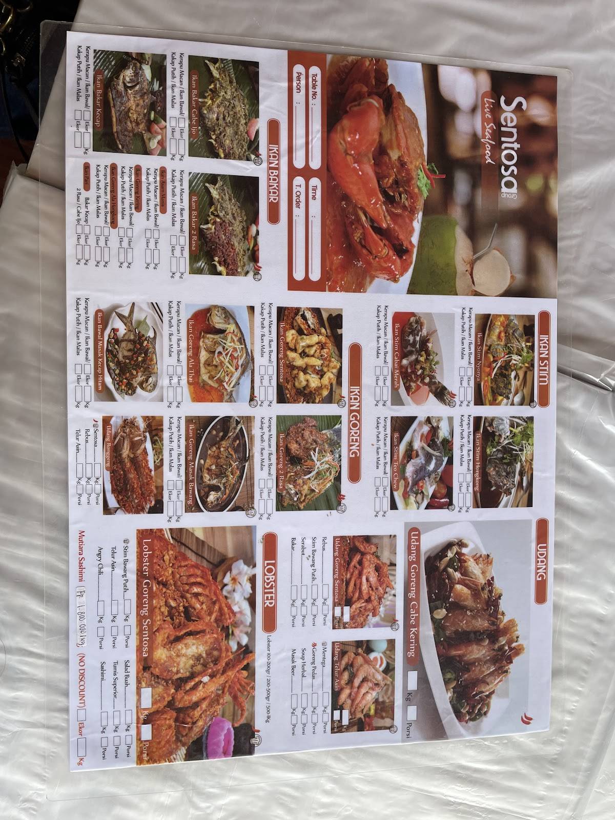 Menu at Sentosa Seafood PIK 2 restaurant, North Jakarta