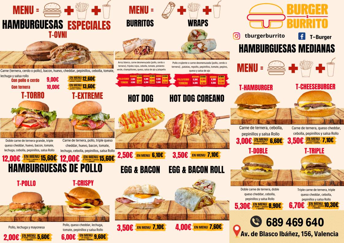 Menu at T-Burger & Burrito Y helados Italianos restaurant, Valencia