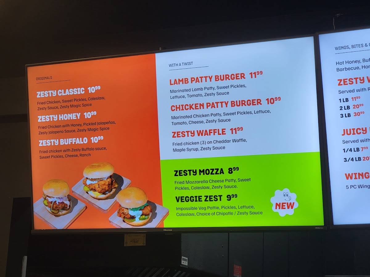 Menu at Zesty Burgers restaurant, Toronto
