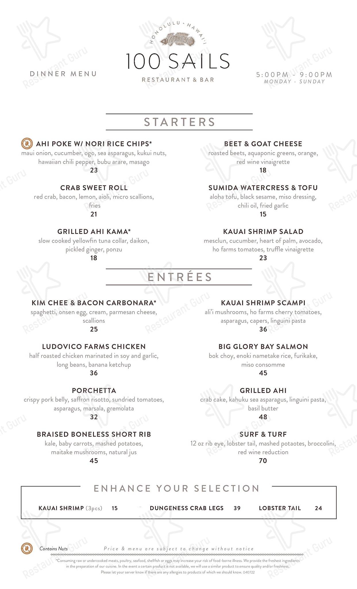 Menu at 100 Sails Restaurant & Bar, Honolulu
