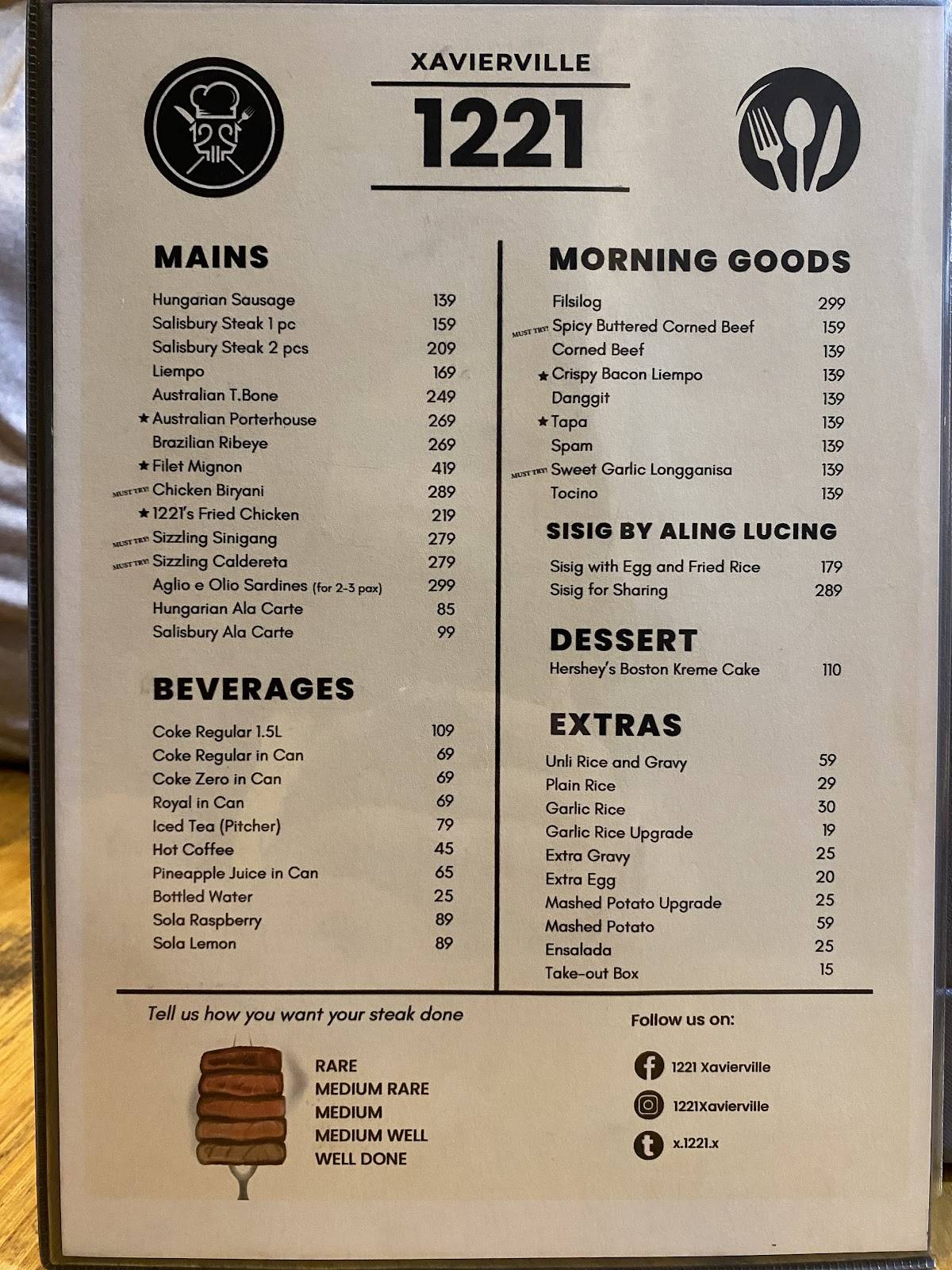 Menu at 1221 Xavierville restaurant, Quezon City