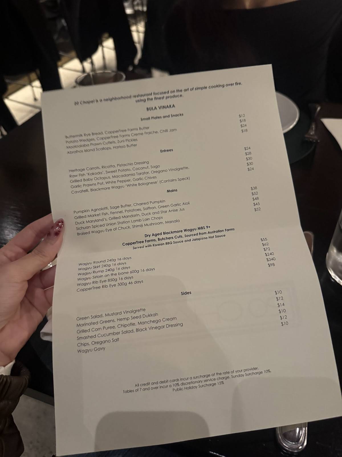 Menu at 20 Chapel restaurant, Marrickville