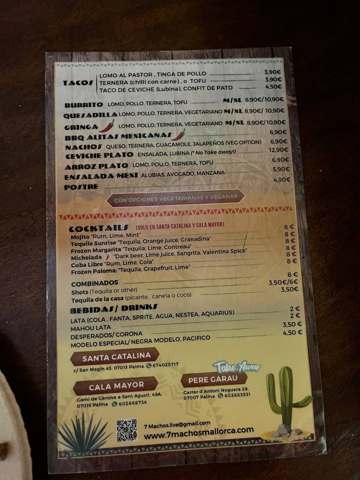 Menu at 7 MACHOS restaurant, Palma, Camí de Gènova a Sant Agustí