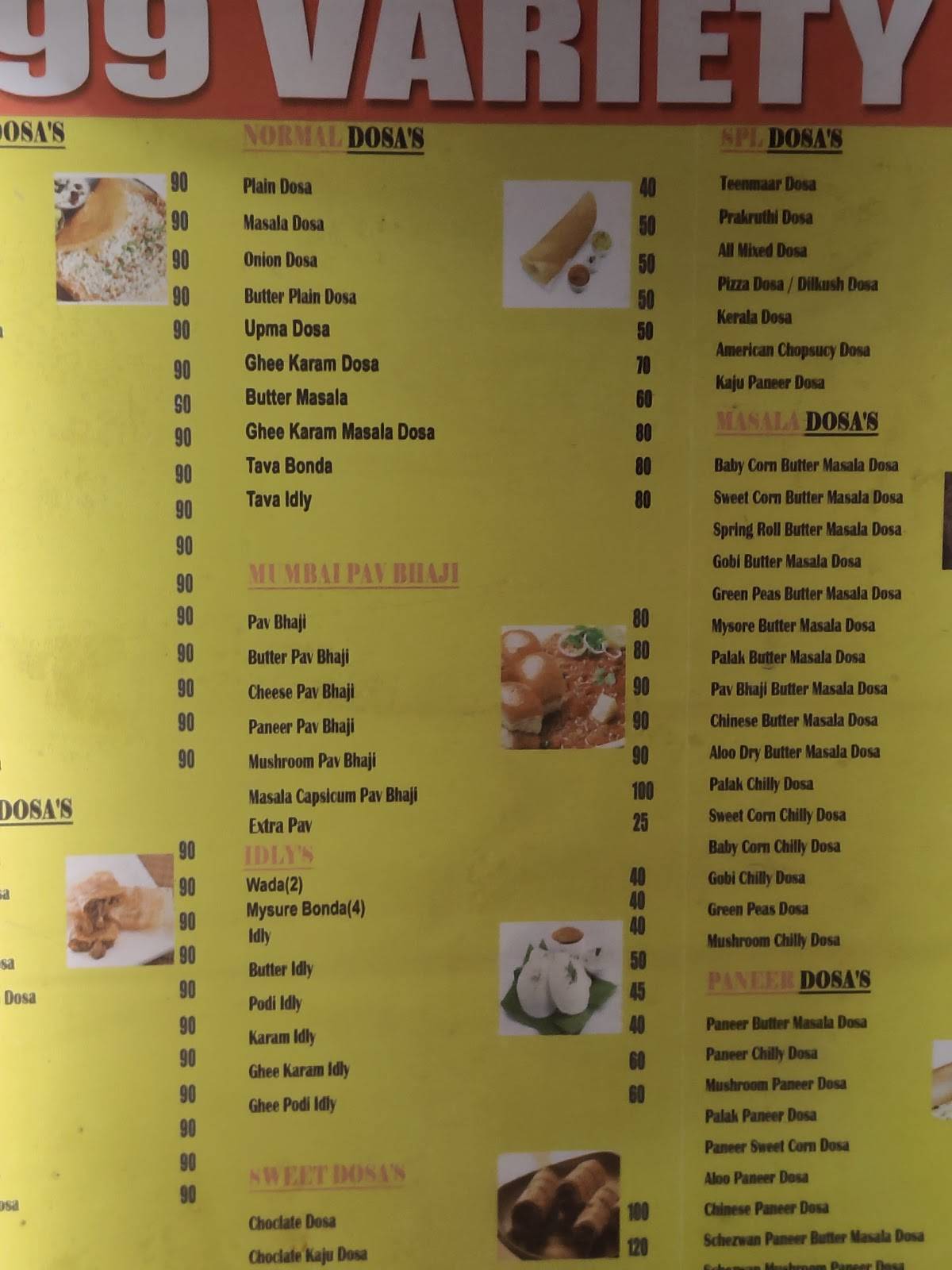 Menu at 99 variety dosa hub, Hyderabad