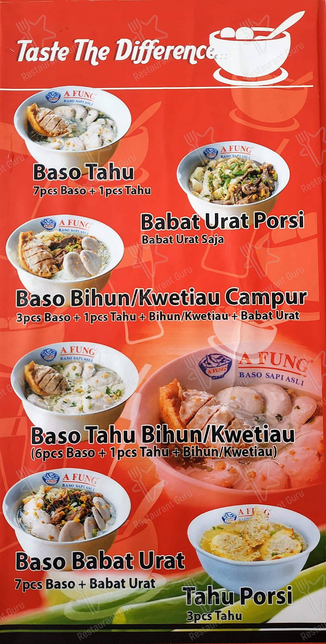 Menu at A Fung Baso Sapi Asli restaurant, Jakarta, Jl. Alternatif Cibubur