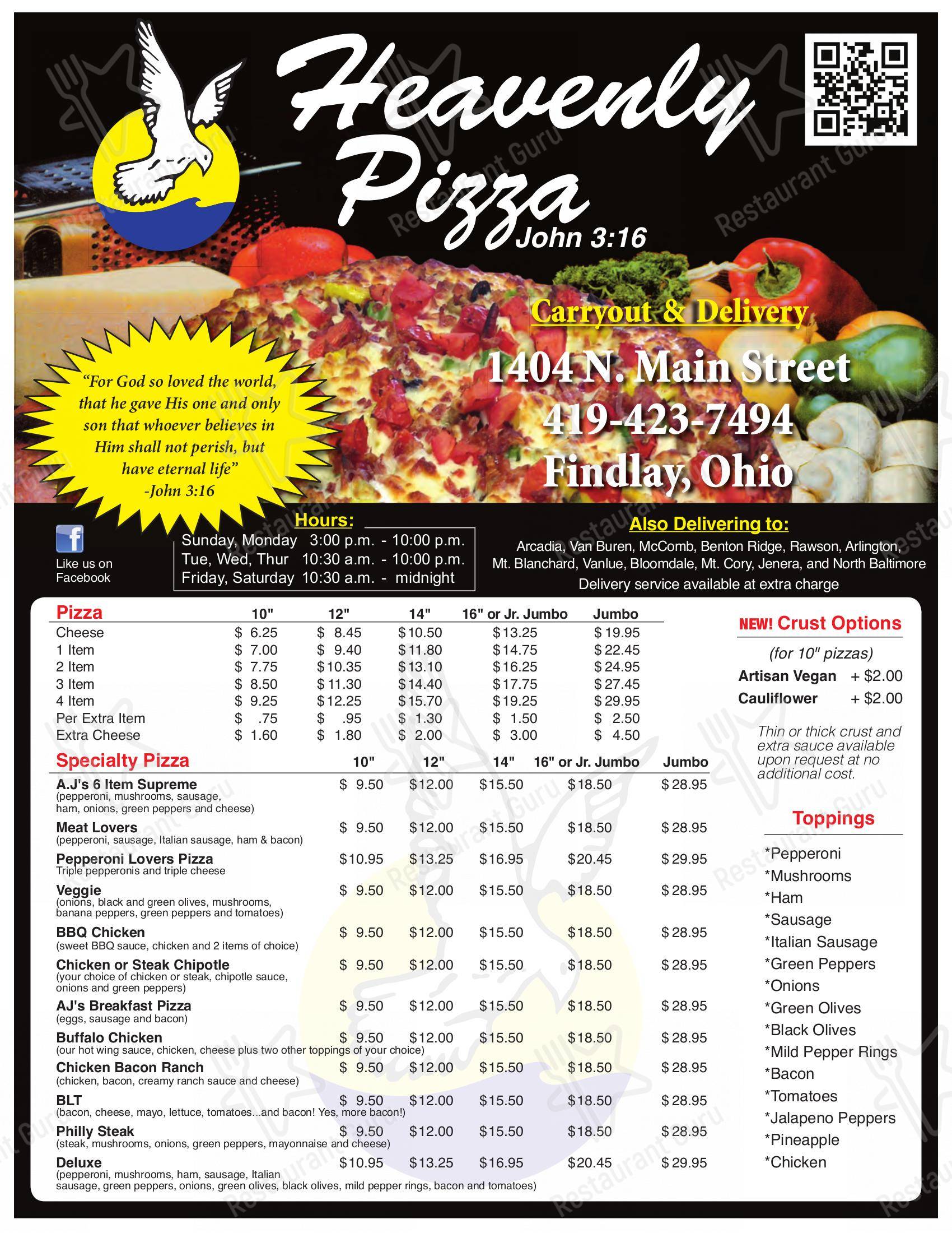 Menu at A.J.'s Heavenly Pizza pizzeria, Upper Sandusky
