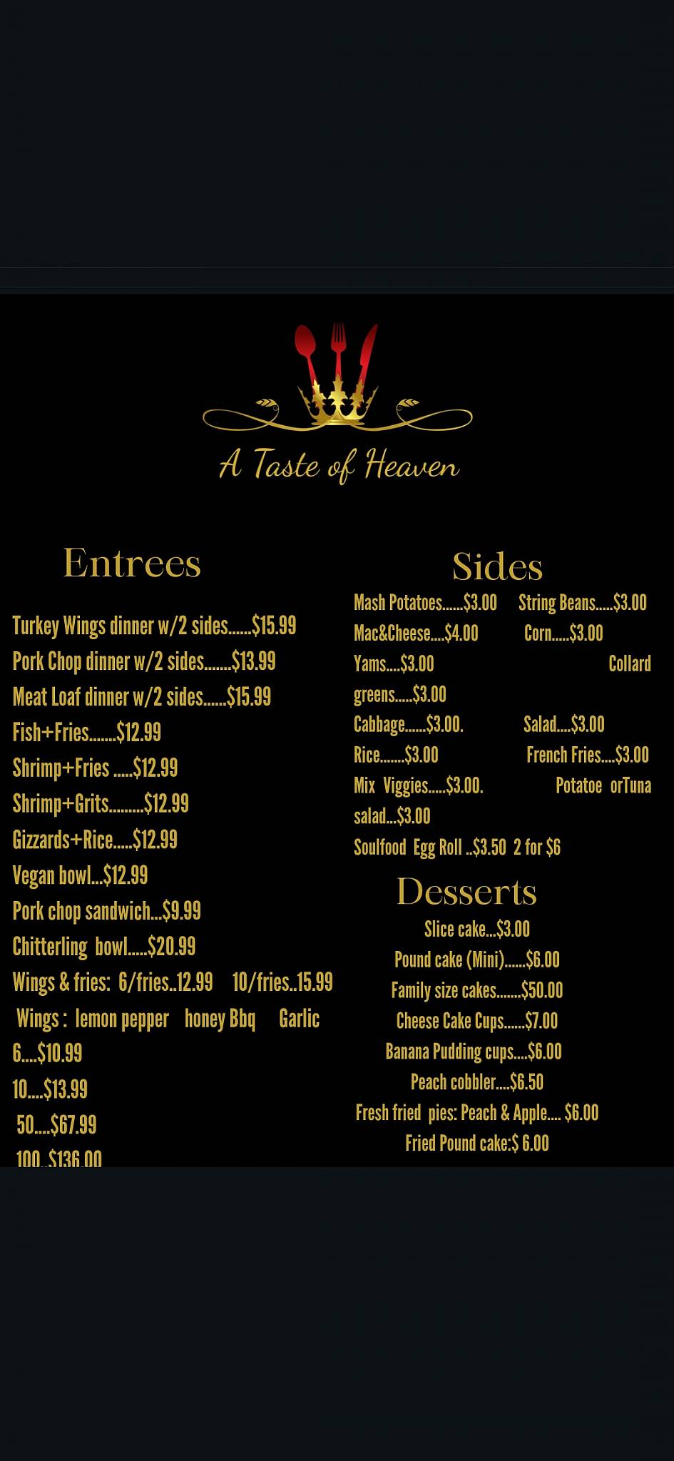Menu at A Taste of Heaven restaurant, Porterdale