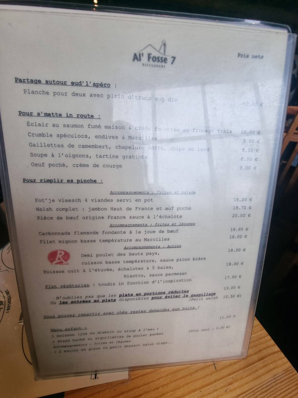 Menu au A l'Fosse 7 Restaurant, Avion