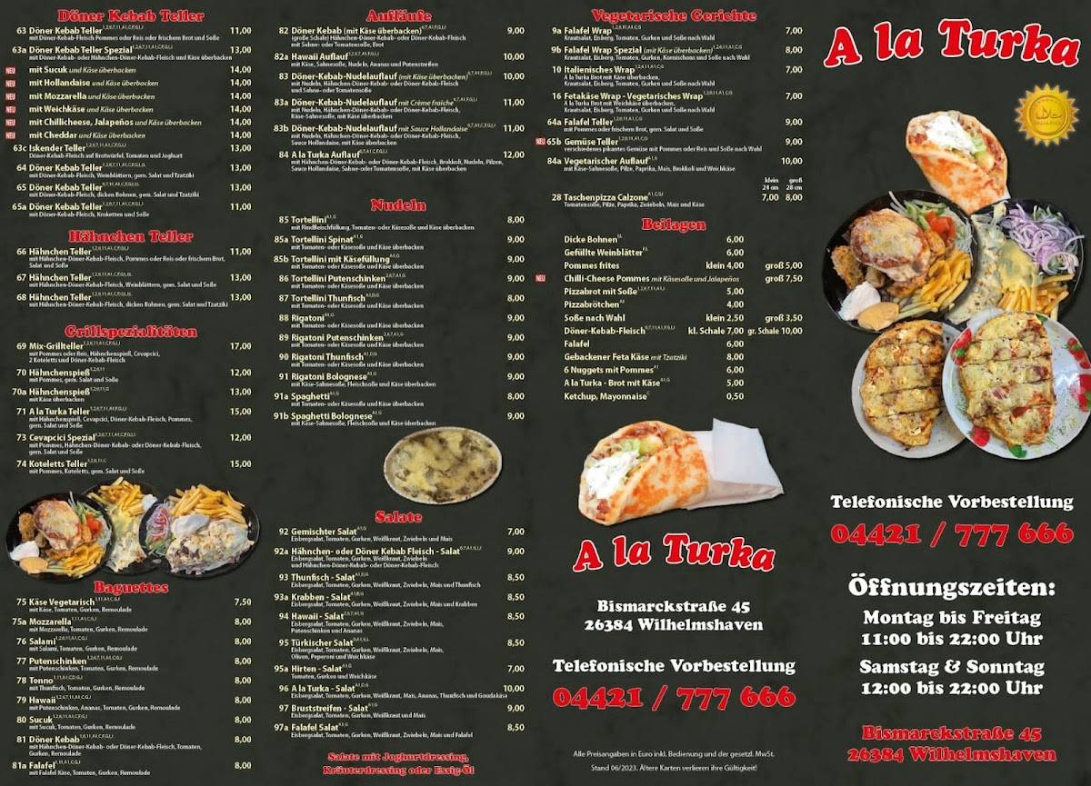 Speisekarte von A la Turka restaurant, Wilhelmshaven