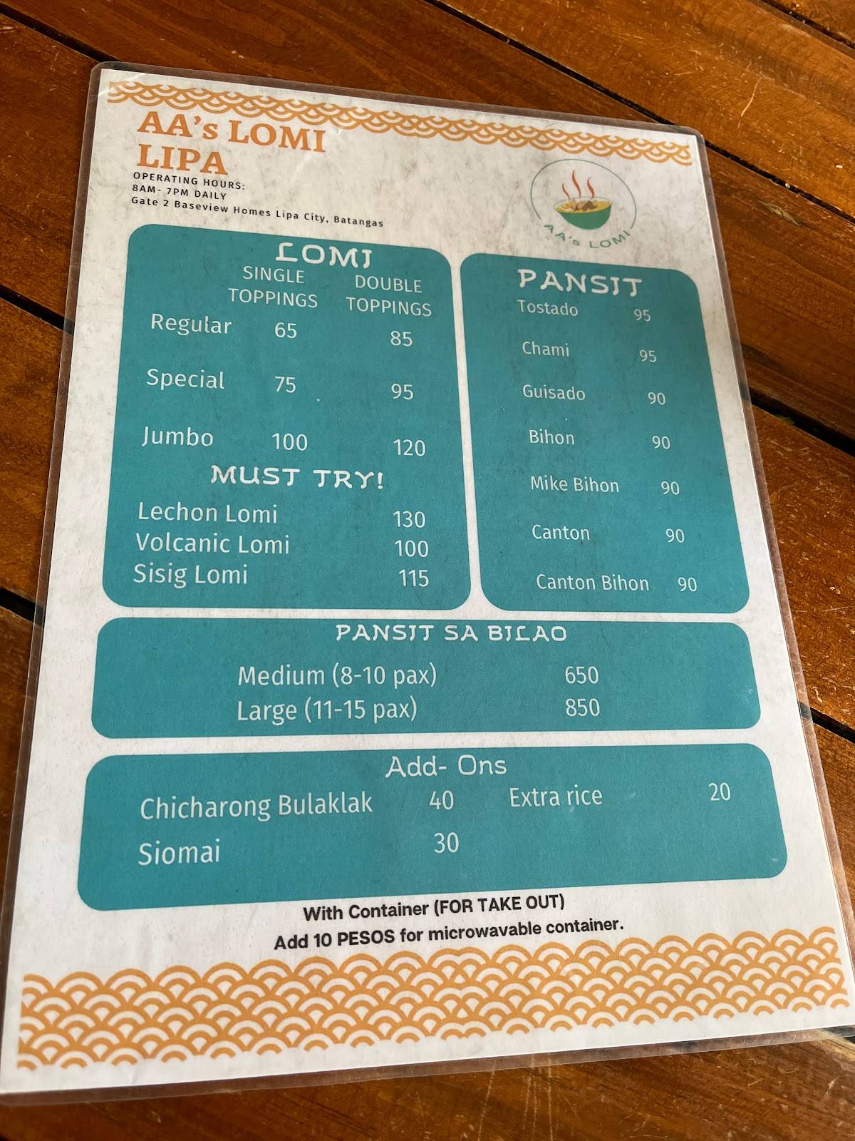 Menu at AA's Lomi Lipa Branch restaurant, Lipa