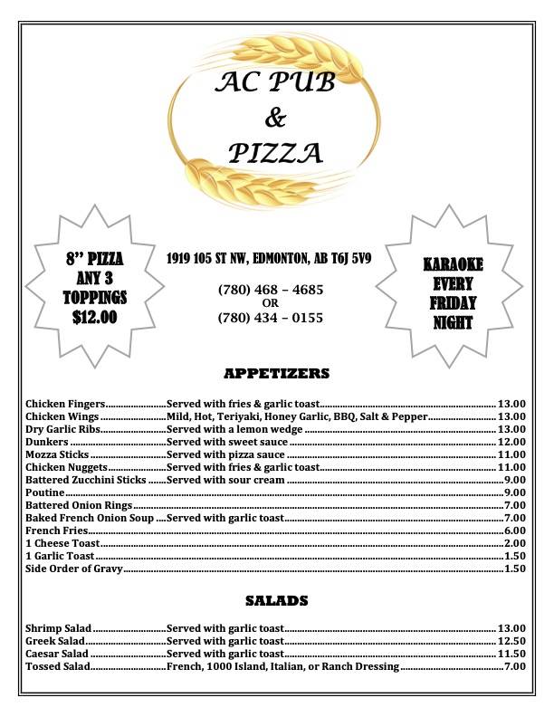Menu at AC PUB, Edmonton