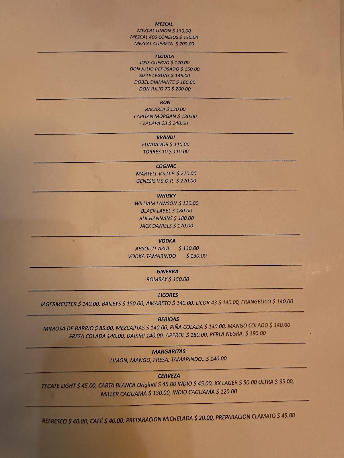 Carta del restaurante ADORO, Monterrey
