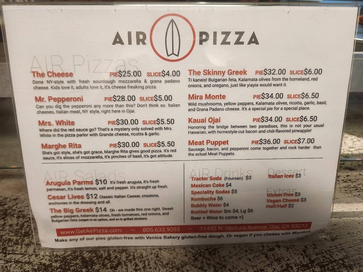 Menu at AIR Pizza pizzeria, Ojai