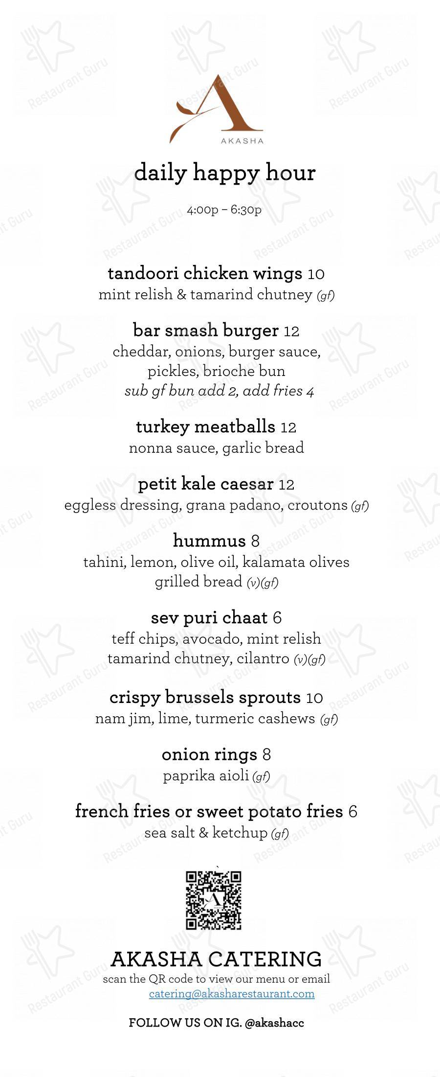 Menu at AKASHA restaurant, Culver City