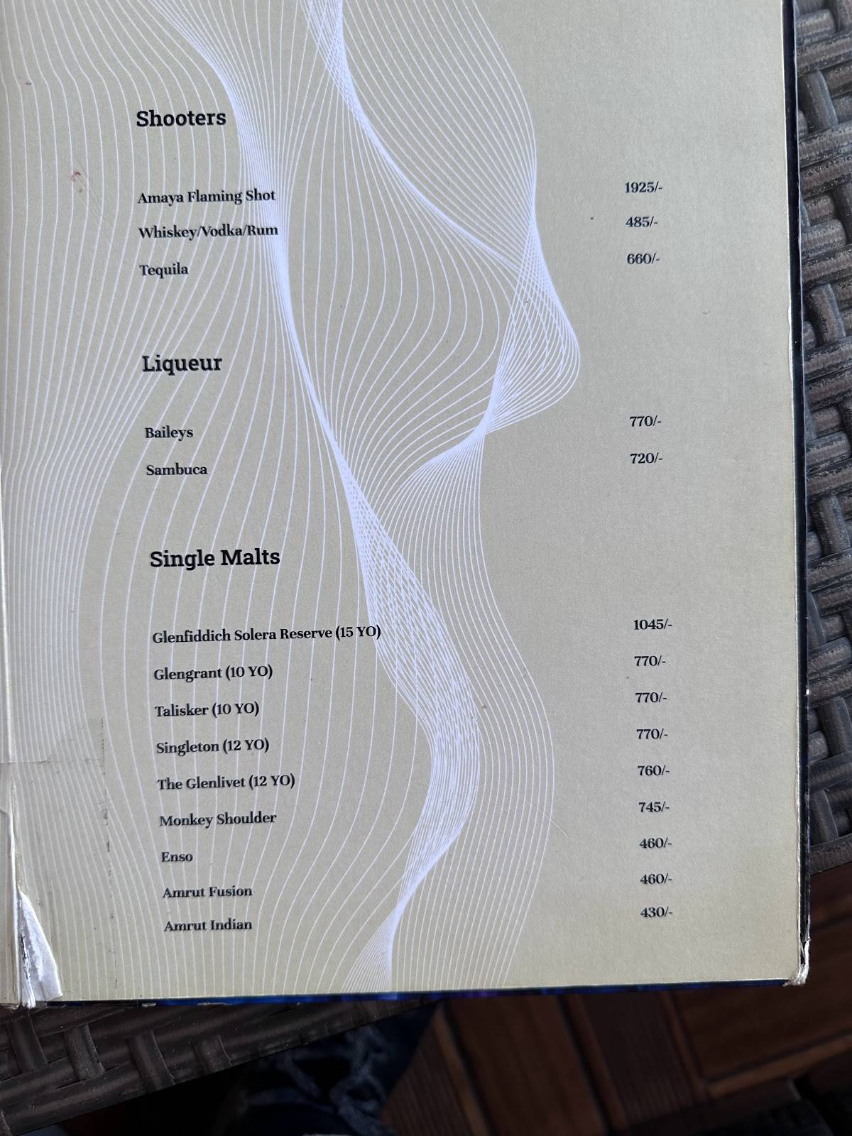 Menu at AMAYA, Port Blair