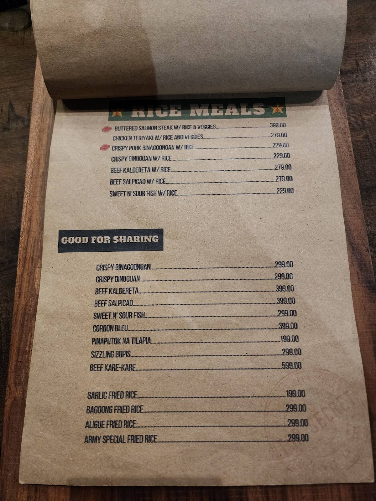 Menu at ARMY DAVEY restaurant, Cainta
