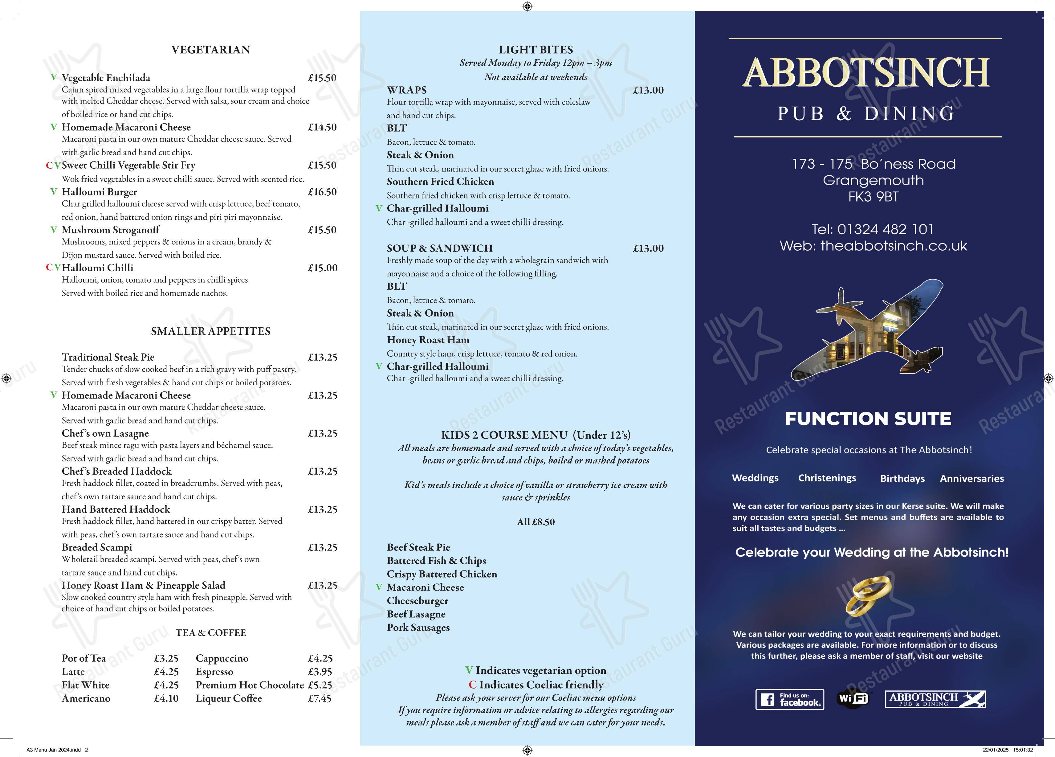 Menu at Abbotsinch restaurant, Grangemouth