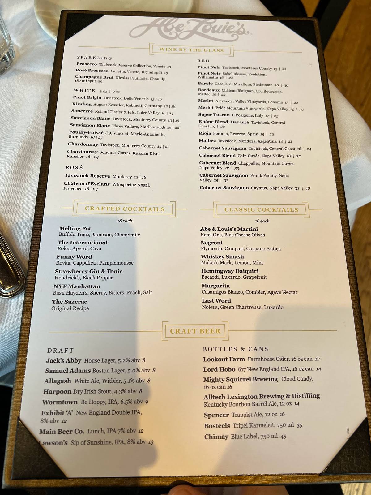 Menu at Abe & Louie's pub & bar, Boston