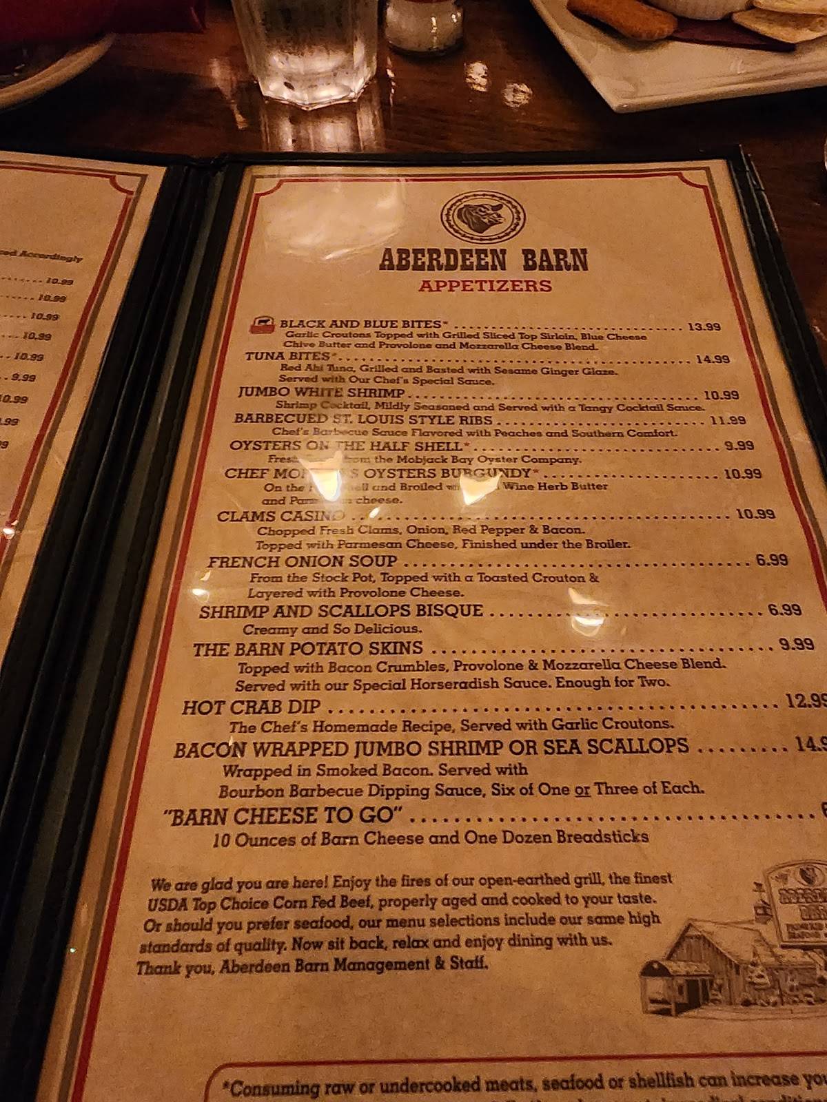 Menu at Aberdeen Barn Steakhouse, Williamsburg, Richmond Rd