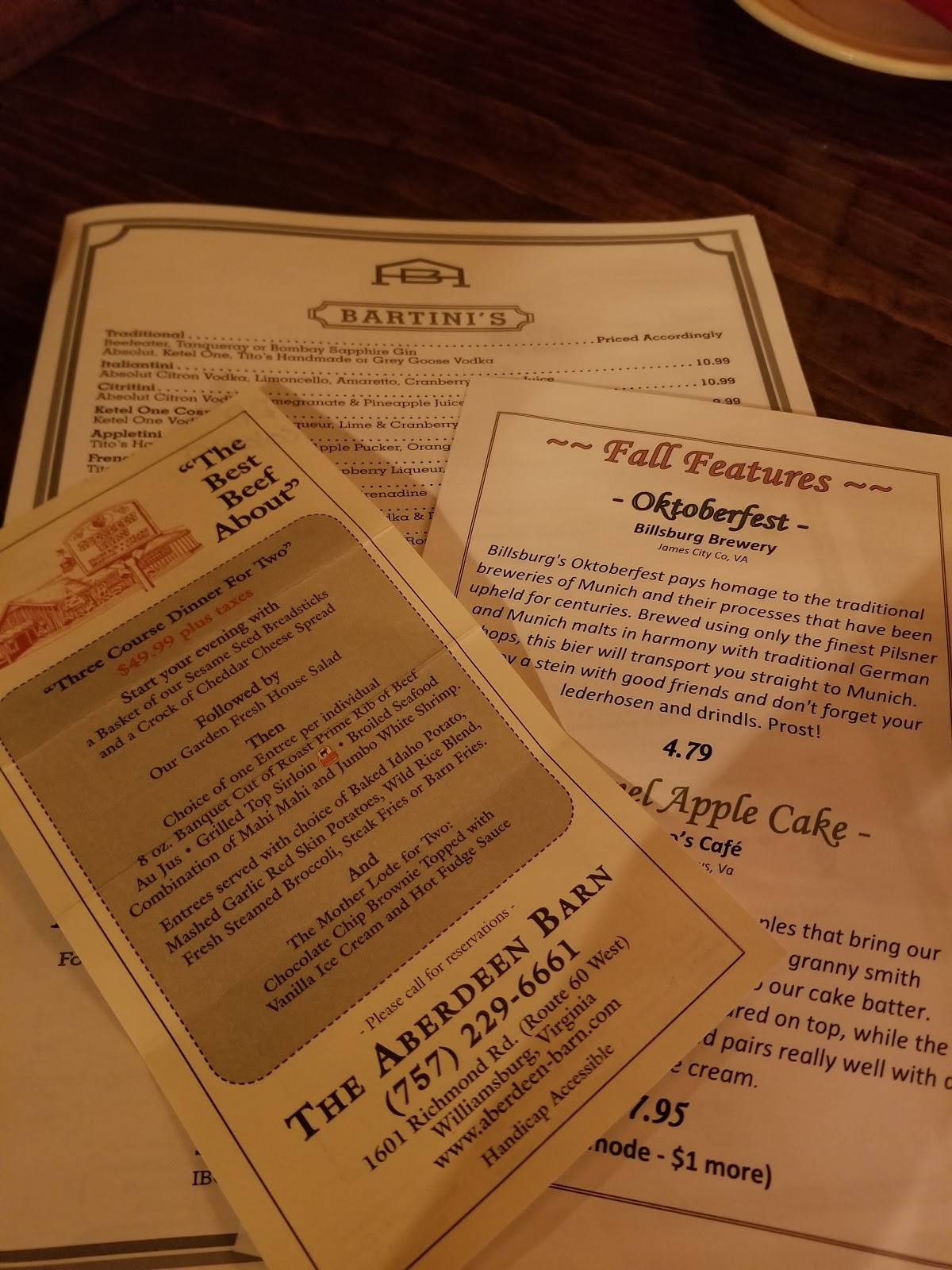 Menu at Aberdeen Barn Steakhouse, Williamsburg, Richmond Rd