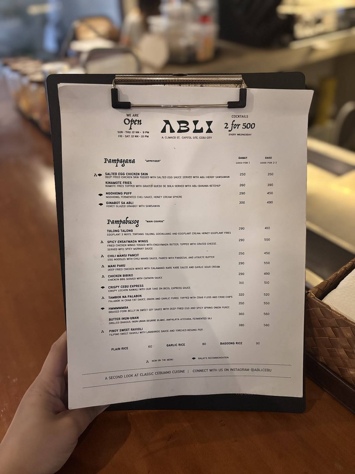 Menu at Abli Cebu restaurant, Cebu City