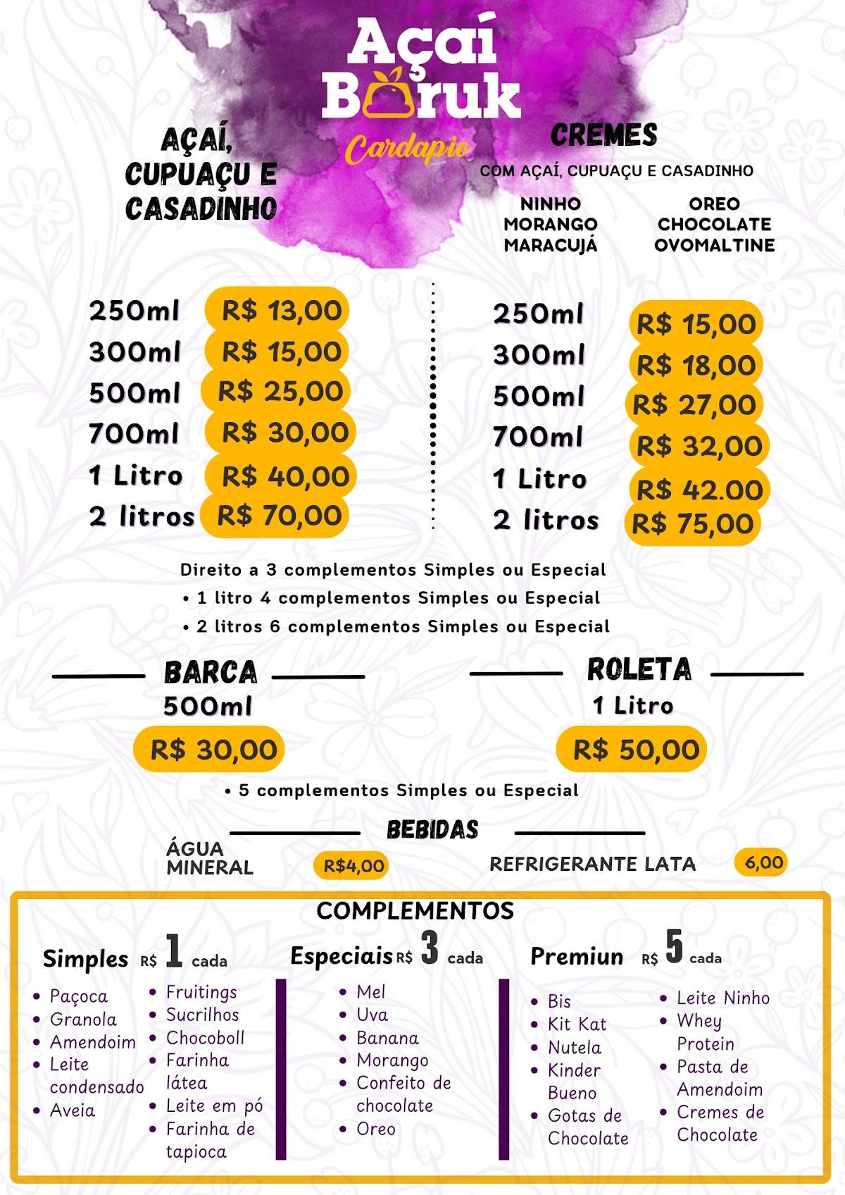 Menu at Açaí Baruk, Brasília