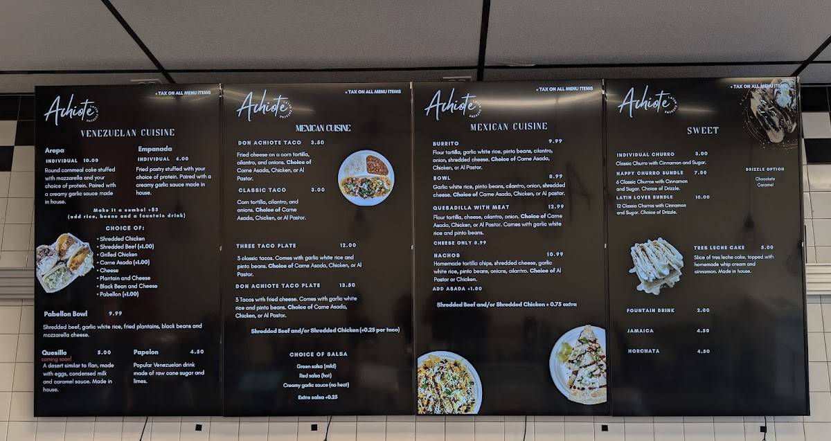 Menu at Achiote restaurant, Chandler