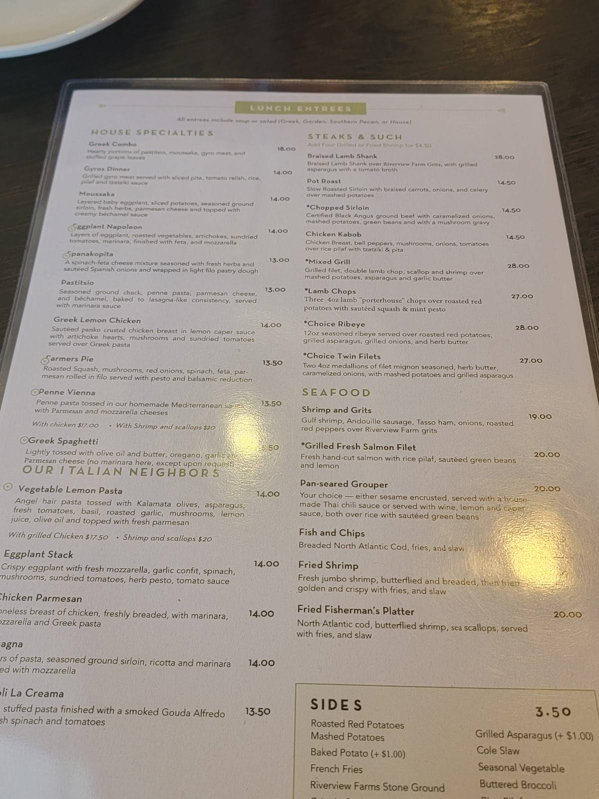 Menu at Acropolis Grill restaurant, Chattanooga